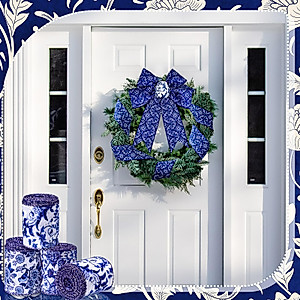 Lyrow 6 Rolls Christmas Chinoiserie Ribbon White and Blue Wired Edge Floral Ribbon Butterfly Flower Pattern Fabric Craft Wreath Bow Wrapping 2.52 Inches by 5 Yards