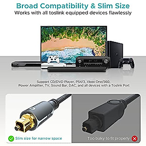 Optical Audio Cable, WARRKY 6ft Optical Cable [Braided, Slim Metal Case, Gold Plated Plug] Digital Audio Fiber Optic Cable Toslink, Compatible with Sound Bar, TV, Samsung, Vizio, Bose, LG, Sony, Sonos