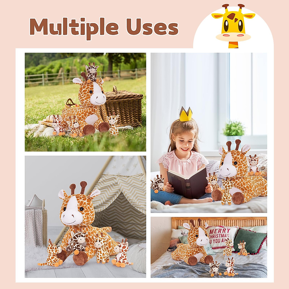 Muiteiur 5 in 1 Big Giraffe Stuffed Animals Set, 22 inch Large Mommy Stuffed Giraffe Plush with 4 Cute Small Giraffe Babies Toy, Soft Giraffe Plush Pillow for Boys Girls