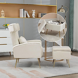 X-VOLSPORT Wingback Accent Chair and Storage Ottoman Set for Living Room Bedroom, Modern Upholstered Velvet Armchair with Footrest & Gold Metal Legs, White, Pillow Included
