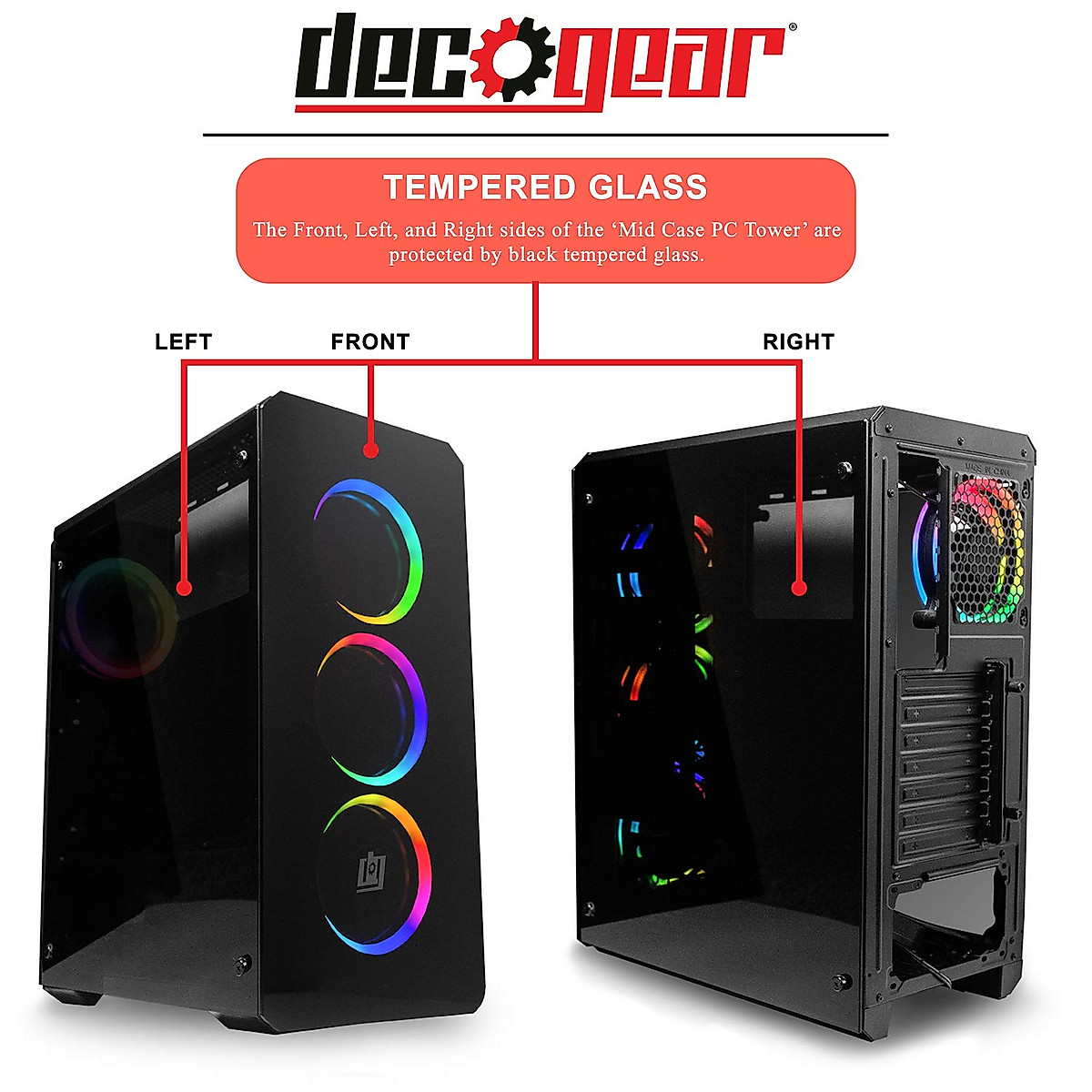Deco Gear Mid-Tower PC Gaming Computer Case 3-Sided Tempered Glass and LED Lighting - Mini-ITX, Micro-ATX, ATX - Includes 4 120mm Double Ring Fans w/Expansion for More, 7 Expansion Slots, 4 Drives