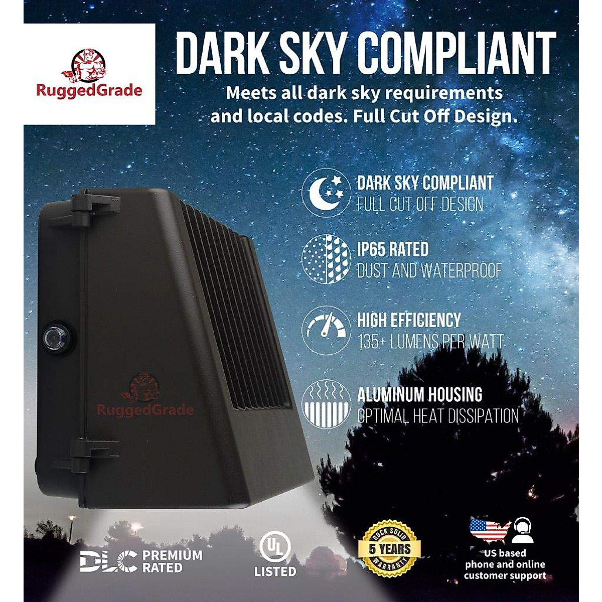 RuggedGrade 40 Watt LED Wall Pack Light - Tucana II Series Full Cut Off - 5,200 Lumens- 5000K - with Photocell Dusk to Dawn Sensor - Dark Sky Compliant