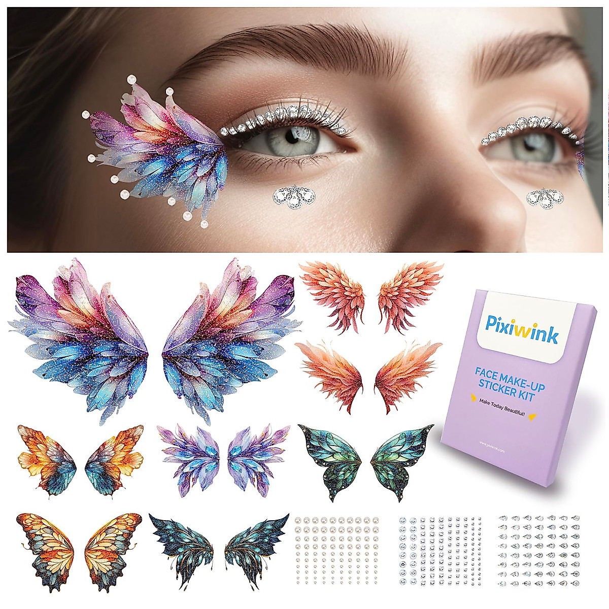 Pixiwink Butterfly Temporary Tattoos and Face Gems Stickers Kit for Women Glitter Butterfly Tattoo Temporary Hair Sticky Gems Stick on Fairy Accessories Adhesive Rhinestone Face Jewels for Makeup Rave