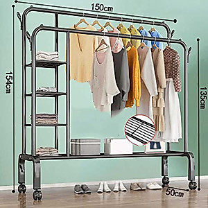 AGGJ Coat Rack Wall Mount with Shelf Double Rod Garment Rack with Heavy Duty Clothes Rack On Wheels and Bottom Shelves, for Entrance, Foyer, Bedroom (Color : White, Size : 150 * 50 * 154)