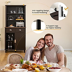 Giantex Buffet Hutch Storage Cabinet, Kitchen Pantry with 2 Drawers, Sideboard with Sliding Door, 2 Tier Shelves, Microwave Countertop, Anti-Toppling, Wood Farmhouse Cupboard for Utensil (Brown)