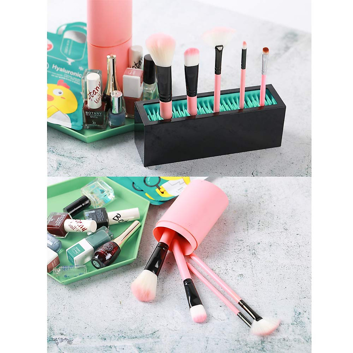 Jamend Clxp Makeup Brushes Holder Organizer, Silicone Vanity Air Drying Rack Display Storage for Brush, Eyeliners and More, Practical Cosmetic Tools Container (Pink-White)