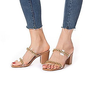 N.N.G Women Clear Heel Sandals Chunky Heels Two Strap Block Square-Toe Leather Comfortable Sandals Nude Size 6