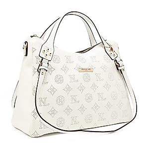 Nicole Lee Fashion Designer Logo Monogram Jolie Satchel, Faux Exotic Medium Top Handle Handbag with Crossbody Straps (White)