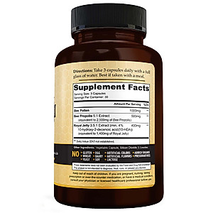 Immune Boosting Royal Jelly (4 Bottles) Supplement with Bee Pollen & Propolis | All Natural, High Potency Superfood for Energy, Clear Skin | 90 Pure, Non-GMO, Gluten Free Vegetarian Caps Each