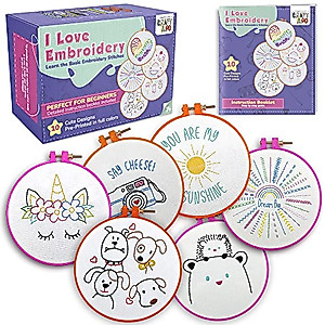 CRAFTILOO 10 Pre-Stamped Embroidery Patterns for Beginners Embroidery Kit for Kids Girls Needlepoint Kits for Beginners Cross Stitch Craft Sewing Perfect for Ages 7-13