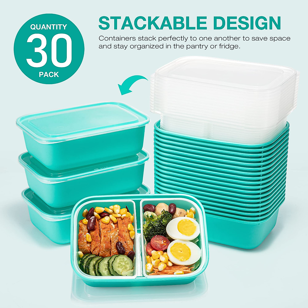 Glotoch Meal Prep Containers Reusable,38OZ 1or2 Compartment To Go Containers, Double Use as Divided Plastic Food Prep Containers with Lids for Lunch, Microwave&Freezer Safe, BPA-Free,30 Packs, Teal