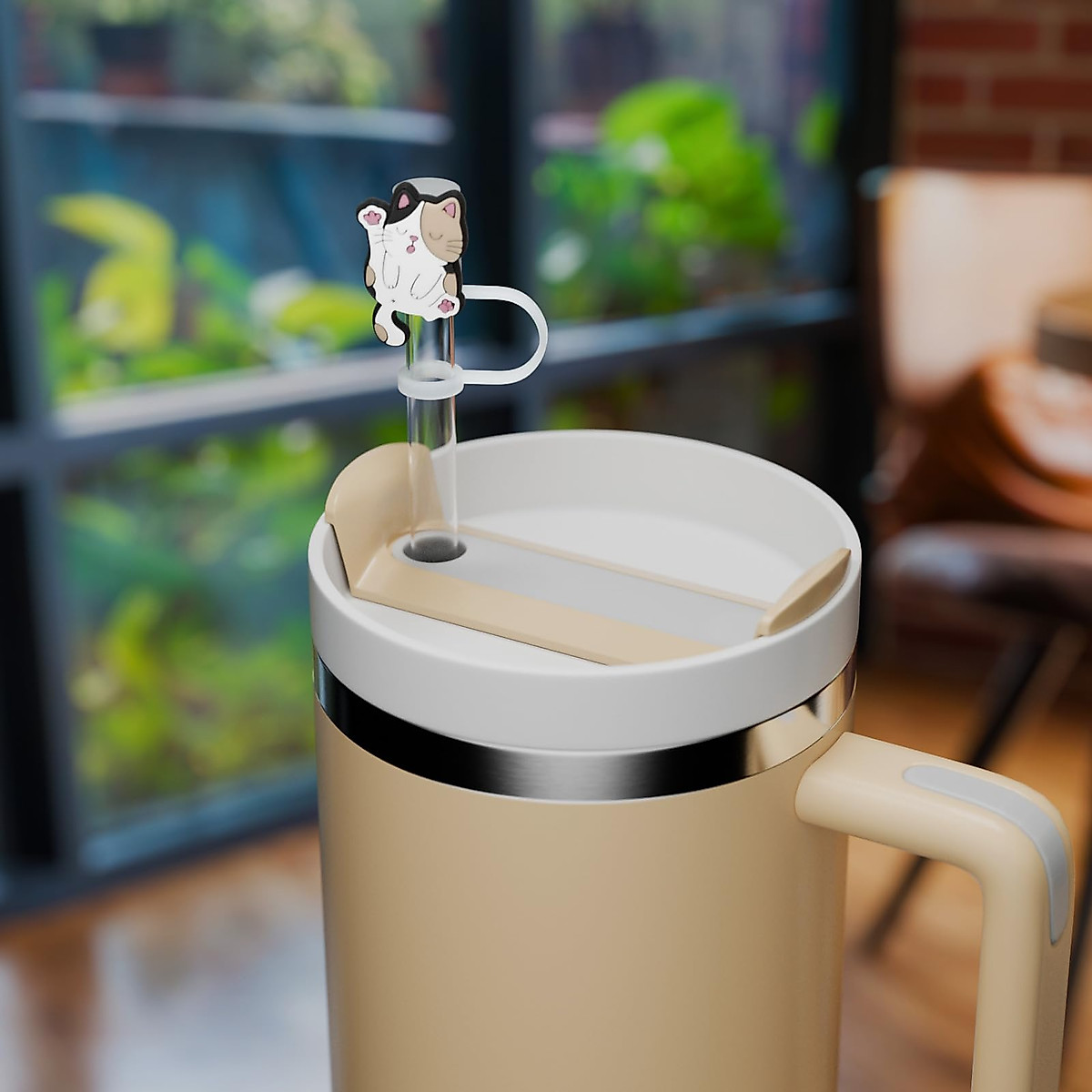 6 PCS Silicone Spill Stopper Set for Stanley Cup Straw Covers 30 oz / 40 oz Tumbler Leak Proof Drink Stoppers Silicone Straw Stopper Caps for Stanley Cup Accessories-Cat