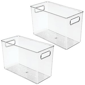 mDesign Plastic Storage Box – Narrow Open-Top Fridge Organiser Tray with Handle – Can Be Used as Fridge Tray, Shelf Box or for Cupboard Storage – Pack of 2 — Clear