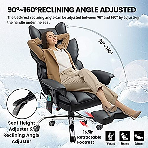 GURLLEU Executive Office Chair Office Desk Chair, Massage Reclining Office Chair with Foot Rest, Real High Back Office Chair with Lumbar Pillow Support PU Leather Computer Chair (Black)