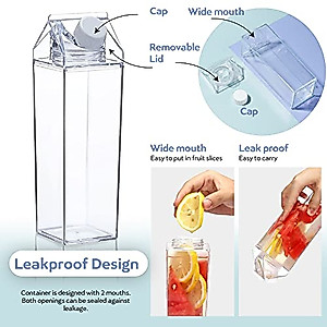 DynastyEdition-5Pack Clear Acrylic BPA free Milk CartonBottles-500ML. Reusable Leakproof Creative & Portable Transparent Square Shaped Top for Fun Outdoor Sports Travel Camping and School Activities.