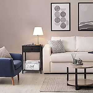 melos Nightstand with Charging Station and USB Ports, Bed Side Table/Night Stand with Drawer and Storage Shelf, 2 Tier End Table for Small Spaces, Side Tables for Bedroom, Living Room, Black