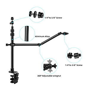 Obeamiu Desk Mount Stand with 27'' Auxiliary Holding Arm, Detachable 2-Section Magic Arm Overhead Light Stand, 16.7-40.1 in Tabletop Stand for DSLR Camera/Fill Light/Live Streaming/Webcam
