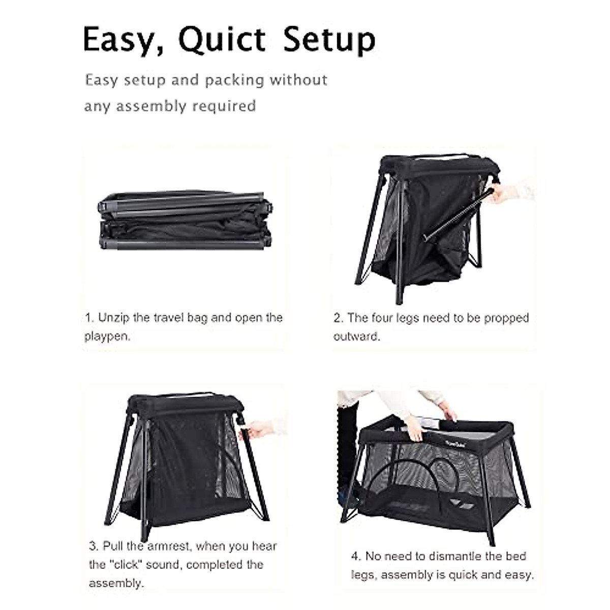 Pamo Babe Portable Crib for Baby Lightweight Playpen, Foldable Travel Playard with Comfortable Mattress for Babies to Toddler (Black)