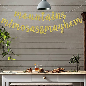 Mountains, Mimosas and Mayhem Banner, Cabin Bachelorette Party Decorations Supplies, Camping Bridal Shower Bunting Garland, Pre-Strung, Gold Glitter