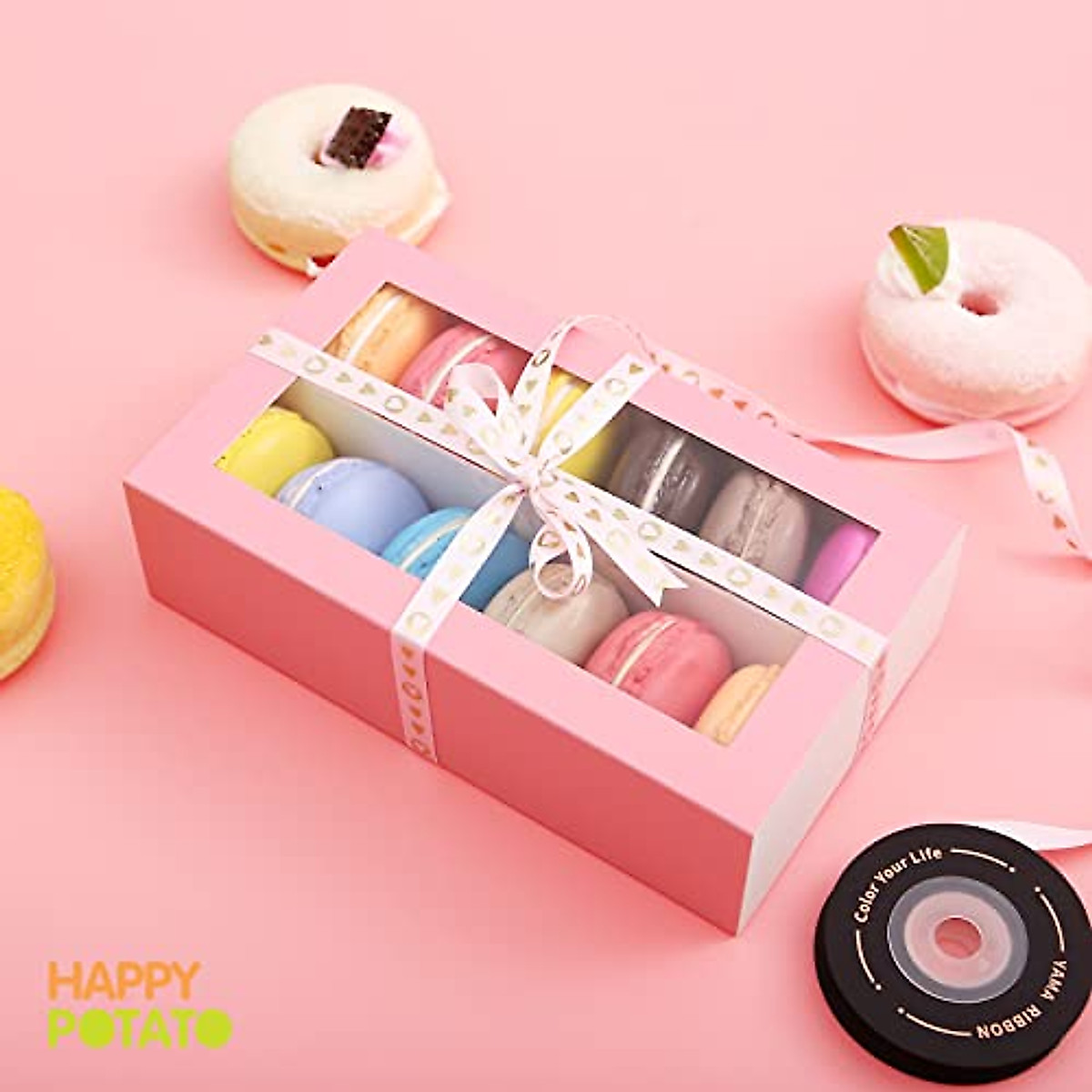 HAPPY POTATO 15 Pack Macaron Boxes, Macaron Gift Box for 12, Macaron Packaging Boxes with Clear Window, Pink Macaron Gift Boxes without Macarons inside (Interior Mesurement 7.2×4×1.9 Inches)
