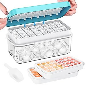 Ice Cube Tray with Lid and Bin, 64 pcs Ice Cubes Molds, Ice Trays for Freezer, Ice Cube Tray Mold, With 2 trays, Ice Freezer Container, Spill-Resistant Removable Lid & Ice Scoop, for Whiskey,Cocktail