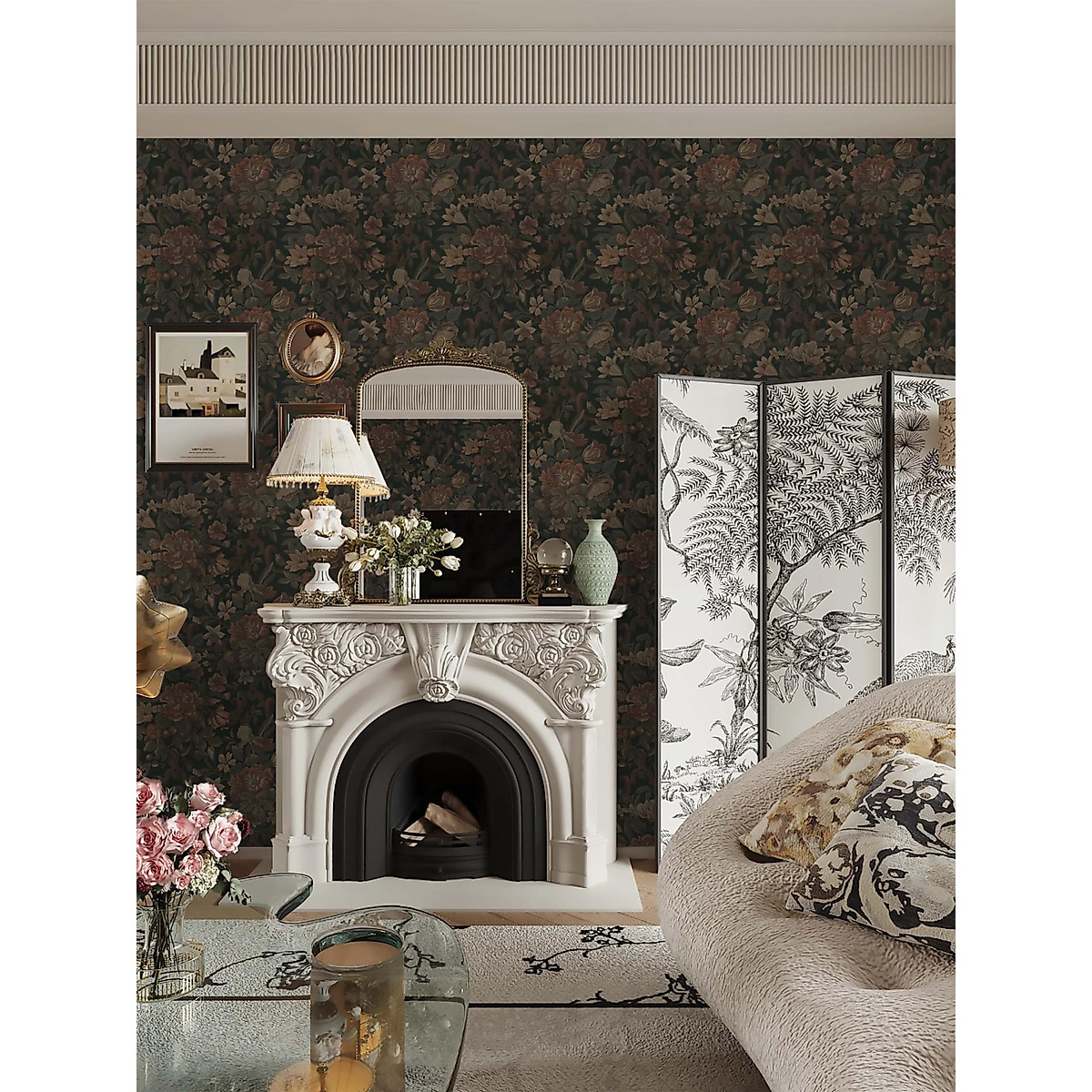 Dimoon 78.7"x16.1"Floral Peel and Stick Wallpaper Dark Green Vintage Flower Leaf Contact Paper Wallpaper for Bedroom Thicken Waterproof Self Adhesive Wall Paper Removable Shelf Liner Vinyl Roll