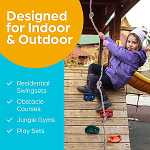 Jungle Gym Kingdom Rock Climbing Holds for Kids - Indoor & Outdoor Rock Wall Climbing Kit with Mounting Hardware, Knotted Rope and 25 Handles - Playground Accessories﻿