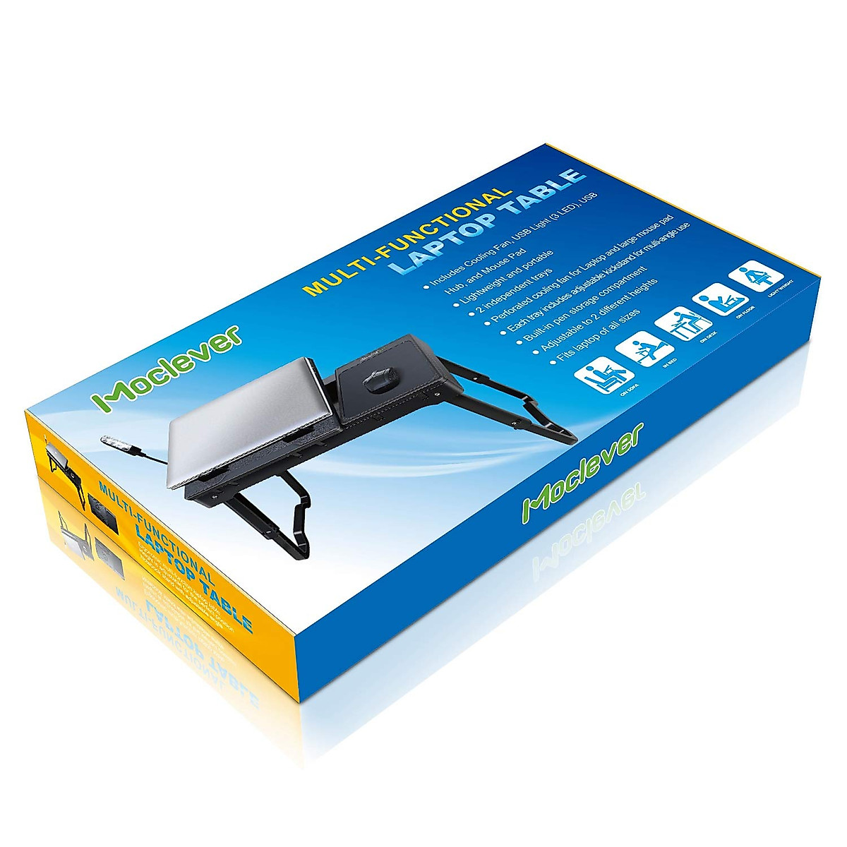 Moclever Laptop Table for Bed-Multi-Functional Laptop Bed Table Tray with Internal Cooling Fan & 2 Independent Laptop Stands-Foldable & 3 Different Height Laptop Desk-LED Lamp-4 Port USB