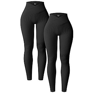 OQQ Women's 2 Piece Yoga Leggings Ribbed Seamless Workout High Waist Cross Over Athletic Exercise Leggings Black Black