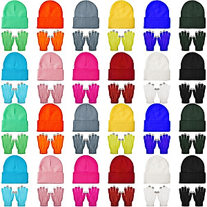 48 Pcs Bulk Winter Knit Beanies Gloves Men Women Warm Beanie Touchscreen Gloves Set Cozy Winter Accessories (Bright Color)