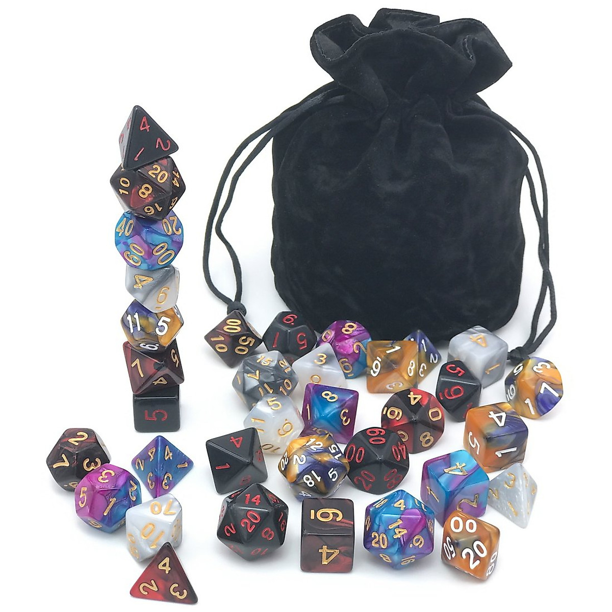 Assorted Polyhedral Dice Set with Black Drawstring Bag, 5 Complete Dice Sets of D4 D6 D8 D10 D% D12 D20 Great for Dungeons and Dragons DND RPG MTG Games