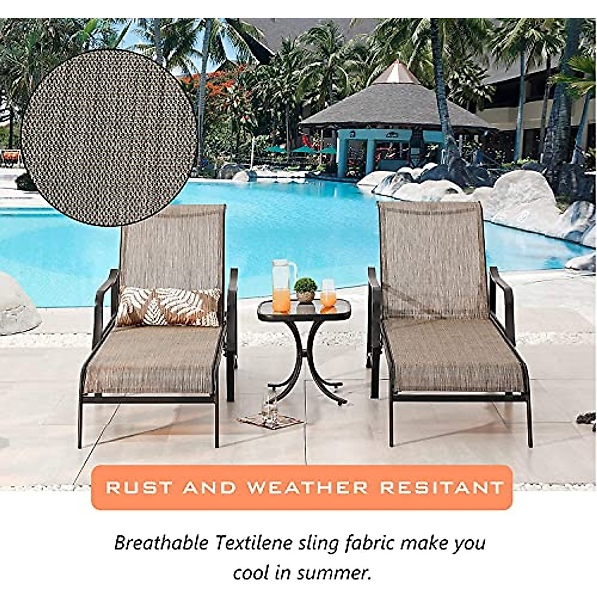 LOKATSE HOME Outdoor Patio Adjustable Metal Chaise Lounge Chair Recliner Set of 2 with 1 Glass Top Bistro Table, Grey