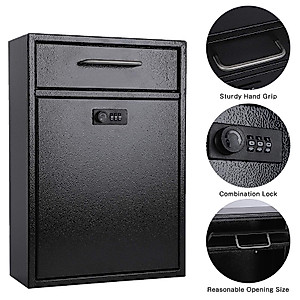 xydled Wall-Mount Mailboxes with Combination Lock, Heavy Duty Mailbox Wall Mount, Mailbox for Outside, Locking Mailbox with Lock,Hanging Secured Postbox,Security Key Drop Box, Black,XL Large