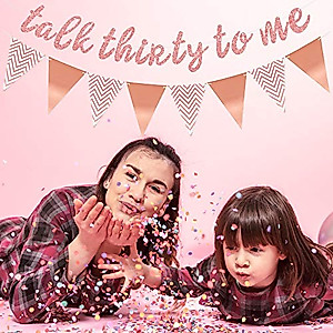 Talk Thirty to Me Banner Happy 30th Birthday Anniversary Banner and Cake Topper Triangle Flag Banner for Men Women 30th Birthday Party, Pre-Strung (Pink)