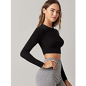 Verdusa Women's Basic Long Sleeve Crew Neck Fitted Crop Top Tee Shirt Black M