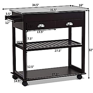 Giantex Kitchen Trolley Cart Rolling Island Cart w/Stainless Steel Flip Top Cutting Table 2 Drawers 2 Shelves Multipurpose Storage Cart Microwave Cart with Towel Rack and Casters (Brown)