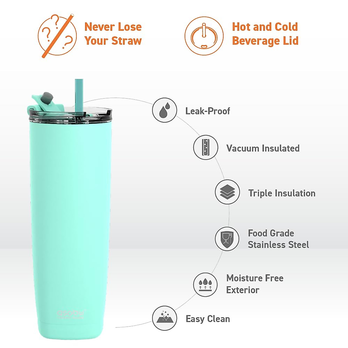 asobu Aqualina Stainless Steel Insulated Water Bottle with Interchangeable Hot and Cold Lid and Built in Straw (Mint)