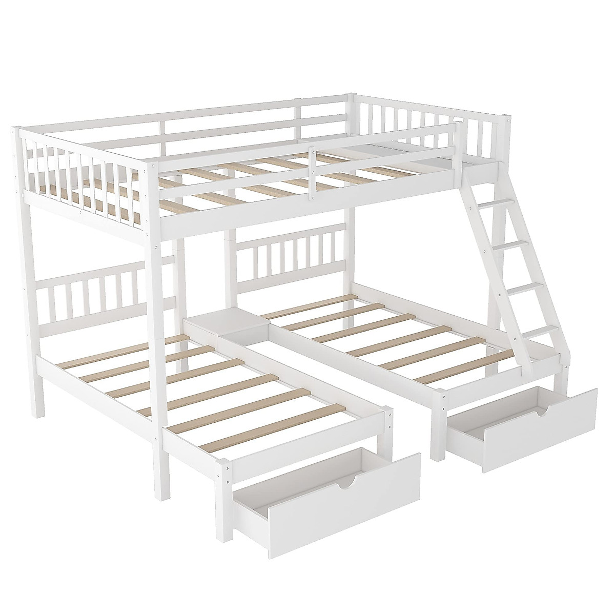 Wood Triple Bunk Bed with 3 Drawers and Guardrails, Full Over 2 Twin Bunk Bed for Family, Teens, No Box Spring Needed