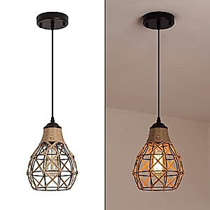 Rustic Industrial Woven Pendant Light, One-Light Adjustable Metal Hemp Rope Mini Pendant Lighting Fixture for Kitchen Island Cafe Bar Farmhouse, Black