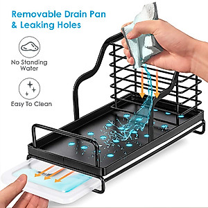 Nieifi Sink Caddy Organizer Sponge Soap Brush Holder with Drain Pan Stainless Steel for Kitchen Black