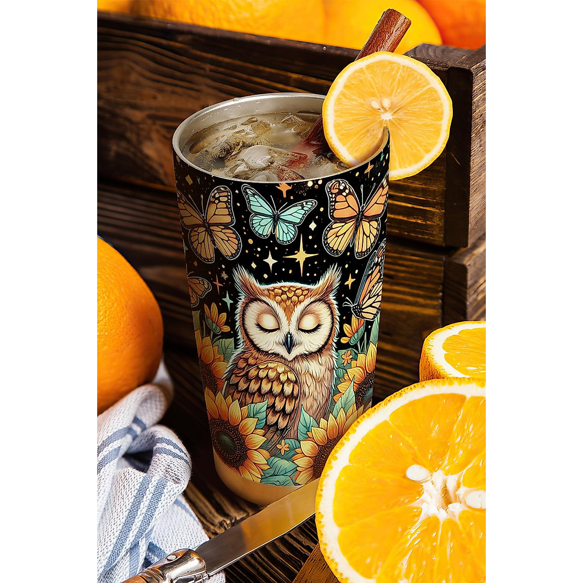 20oz Owlaholic Sunflower Owl Tumbler, Gifts for Owl Lovers, Coffee Thermos for Women, Stainless Steel Double Wall Vacuum Insulated Coffee Mug, Travel Cup with Lid