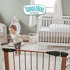 Toddleroo by North States Woodcraft Steel Baby Gate: Self-Closing Child Gate with Hold-Open Feature. Pressure Mounted Baby Gate with Door, Fits Openings 29.75” to 40.5” Wide. (30" Tall, Brown)