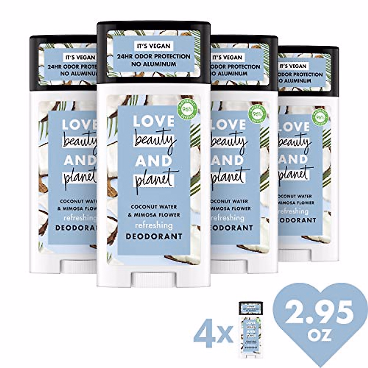 Love Beauty And Planet Deodorant Water and Mimosa Flower, Coconut, 2.95 Oz, Pack of 4