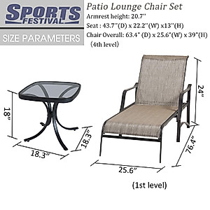 Sports Festival 3 Pcs Chaise Lounge Set of 2 Patio Chairs with Adjustable Backrest in 4 Reclining Levels and 1 Metal Bistro Table with Tempered Glass Top Outdoor Furniture for Poolside