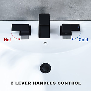 PerPaiMe Matte Black Waterfall Bathroom Faucet, 8-Inch, 2 Handles, 3-Hole, Metal Pop-Up Drain, 60cm Supply Line, 2-3/8 Inch Clearance