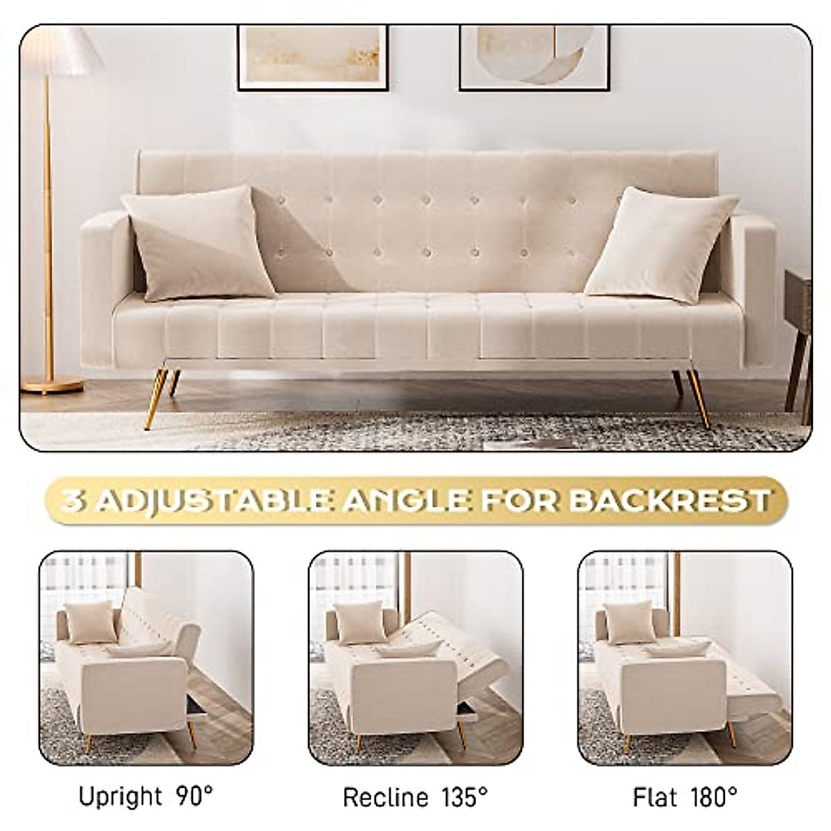 OUYESSIR Velvet Futon Sofa Bed with 2 Pillows, Convertible Futon Couch, Sturdy Sleeper Sofa in 71 inch, Small Futon Sofas (Beige)