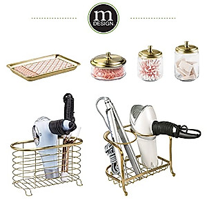 mDesign Steel Bathroom Countertop Hair Tool Storage Organizer Accessory Basket Tray, Vanity Table Holder for Hair Dryer, Flat and Curling Irons, Styling Products, Hyde Collection, Soft Brass