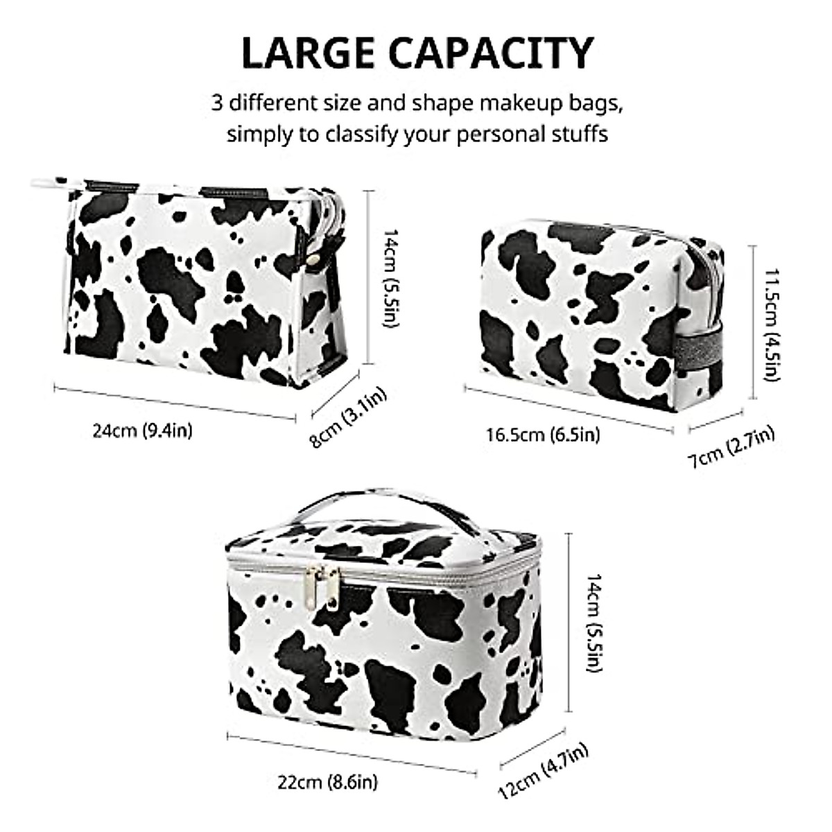 HooOriana Makeup Bag Set Cosmetic Bag 3 Pieces Small Makeup Bags for Women with Cow Animal Milk Mini Cute style Travel Pouch Bags