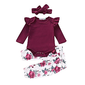FOCUSNORM 3PCS Infant Toddler Baby Girl Clothes Ruffle Romper Bodysuit Floral Halen Pants Headband Outfits (Wine red, 6-12 Months)