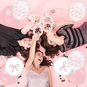 JarThenaAMCS 60Pcs Party Decoration Pink Bow Latex Balloon 12 in Pink White Bowknot Party Balloon Cute Bowtie Clear Printed Balloon for Birthday Bachelorette Bridal Party Decor
